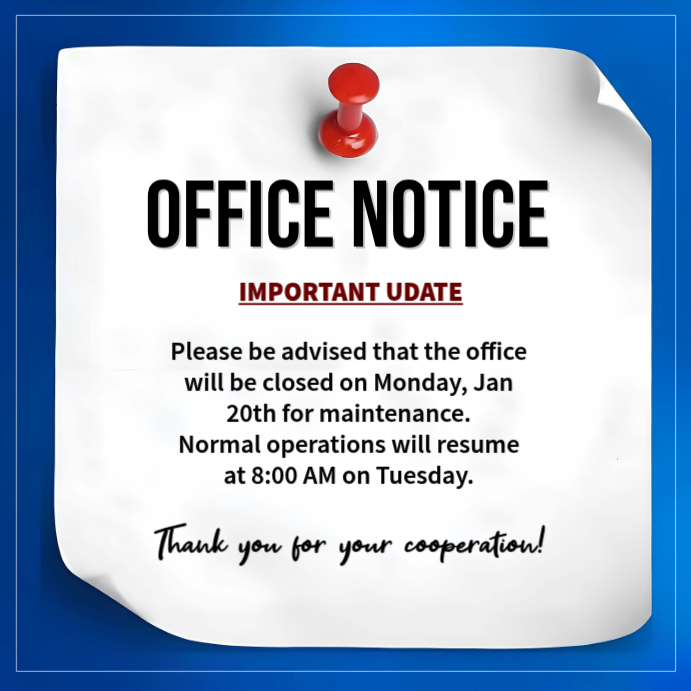 Plantilla de Blue Professional Office Closure Notice Square (1:1 ...