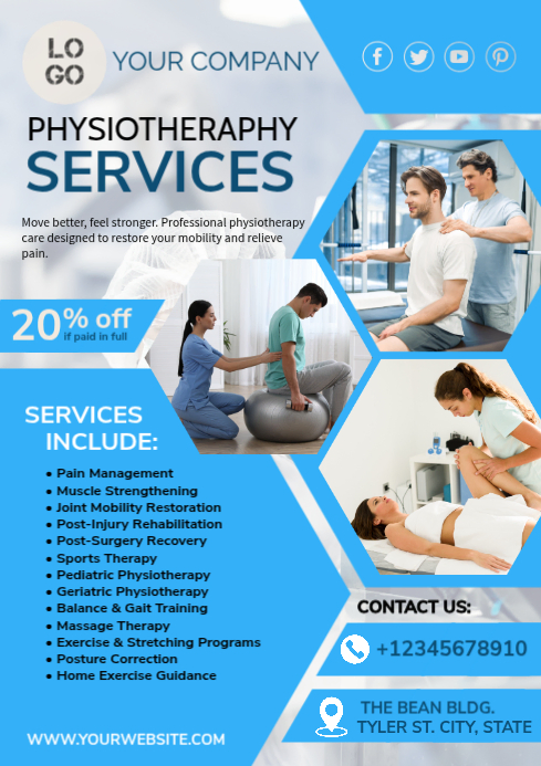 Blue Professional Physiotherapy Services A4 Template | PosterMyWall