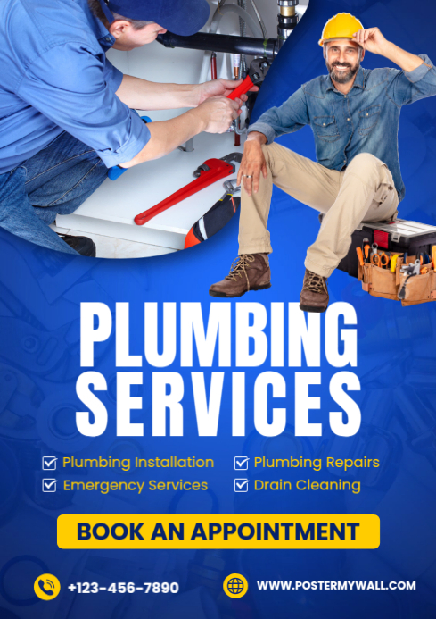 Blue Professional Plumbing Services A4 Template | PosterMyWall