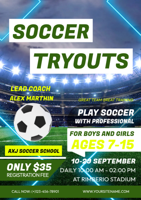 Blue Professional Soccer Tryouts A4 Template | PosterMyWall