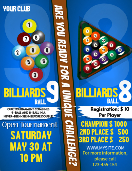 Blue Professionale Billiards Double 8/9 Ball Volantino (us Letter ...
