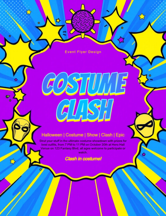 Copy of Blue Purple Halftone Bursts for Halloween Costume Show Flyer ...