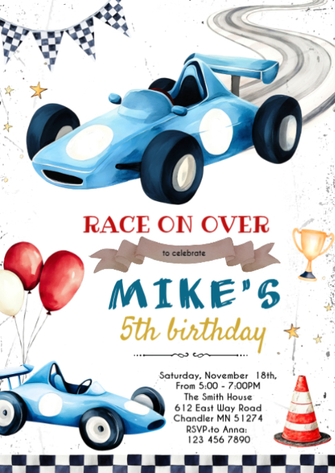 Blue race car theme invite Template | PosterMyWall