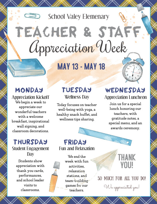 blue Teacher Appreciation Week Itinerary Template | PosterMyWall