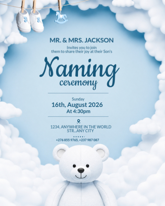 Blue Teddy Bear & Clouds Baby Naming Ceremony Invitation Template ...