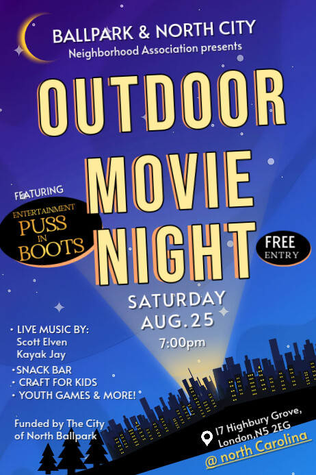 Blue Typographic Outdoor Movie Night Poster Template | PosterMyWall