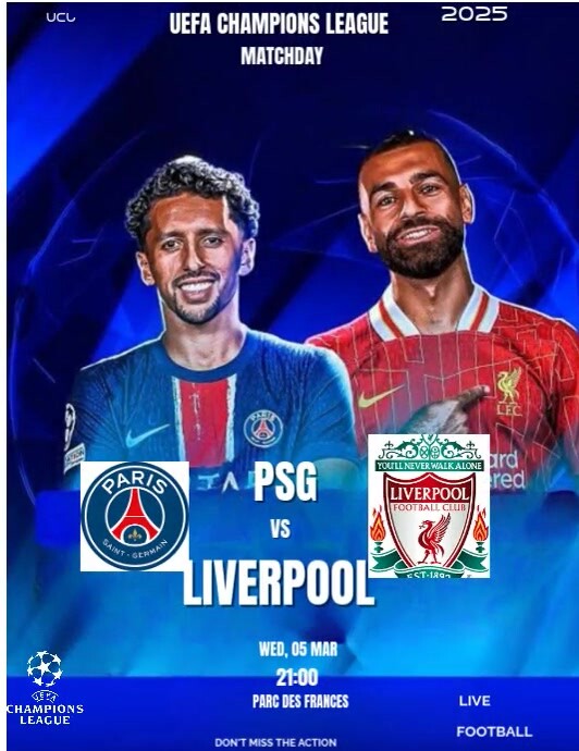 Plantilla de Blue Typographic Psg Vs Liverpool Matchday Flyer (us ...
