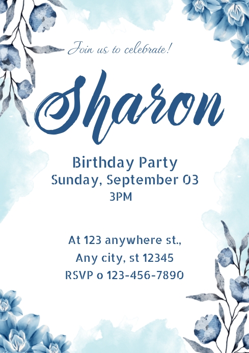 blue watercolour birthday party Template | PosterMyWall