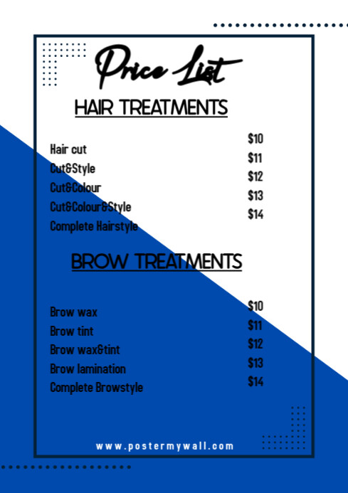 Blue White List-based Price List Hair & Brow Treatments A4 Template ...