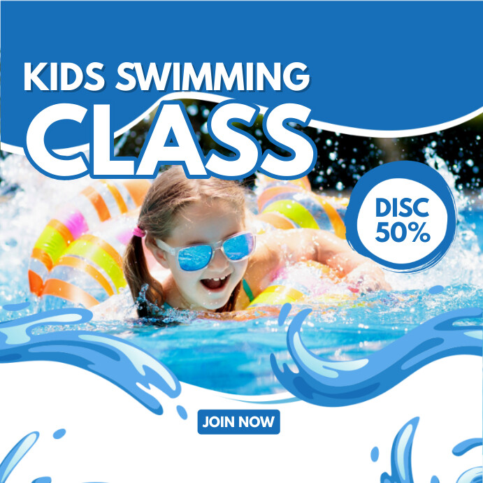 Blue White MInimalist Kids Swimming Class Fac Template | PosterMyWall