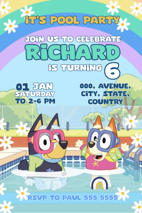 Bluey Birthday Pool Party Invitation Template | PosterMyWall