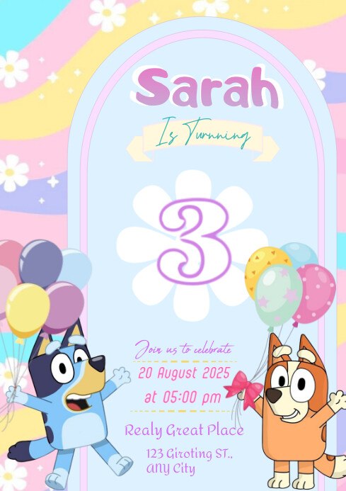 Bluey Invitation invitación A4 multicolor Template | PosterMyWall