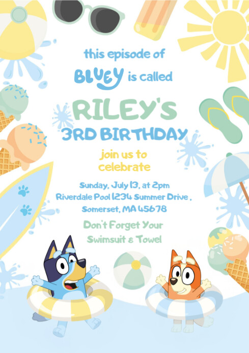 Bluey Pool Party Invitation Templat | PosterMyWall