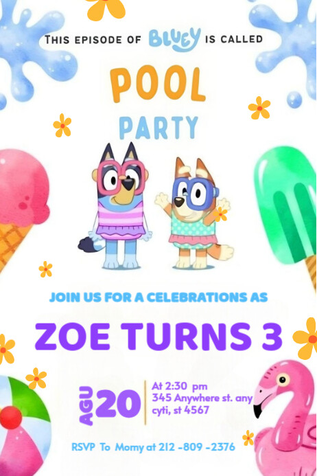 Copy of Bluey White Bluey Invitation Póster pool party poster Disney ...