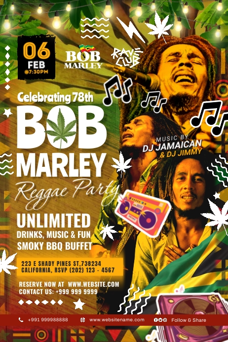 Bob Marley Reggae Party Affiche Modèle | PosterMyWall