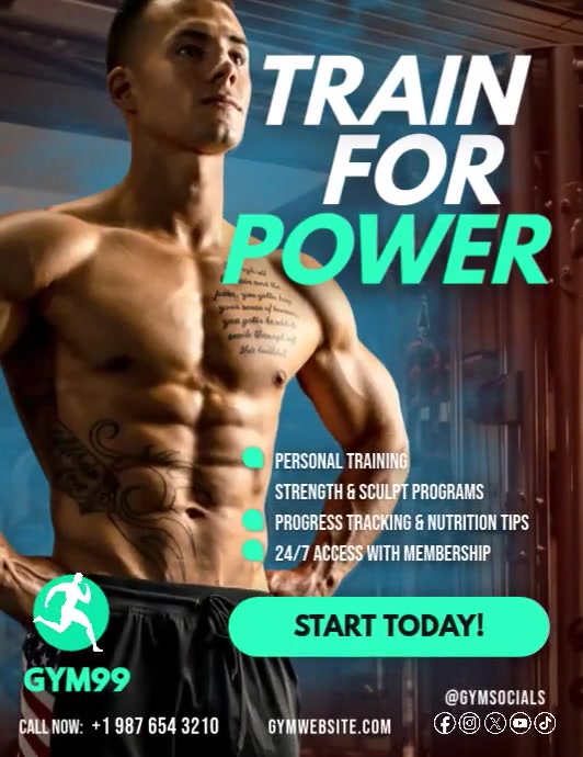 Copy of Bold Teal Fitness Gym Train for Power Video Flyer Template | PosterMyWall