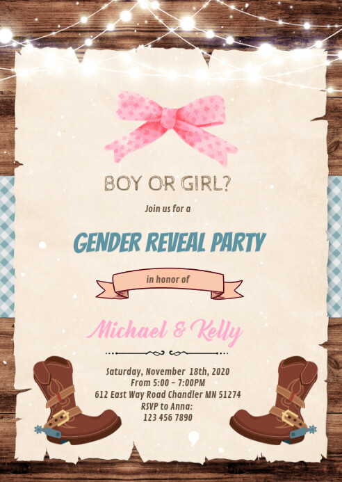 Boots or bow gender reveal invitation Template | PosterMyWall