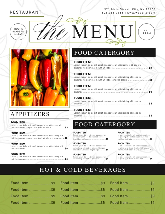 Botanical Plant Leaf Restaurant Menu Flyer | PosterMyWall