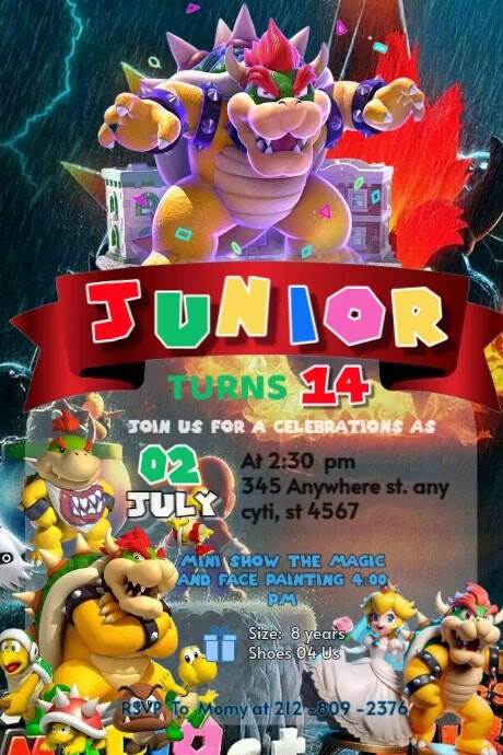Plantilla de Bowser invitation Mario Bros happy Brithday party temple ...