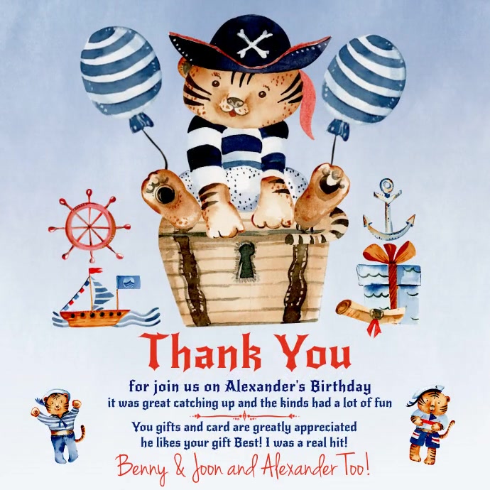 Boy's Pirate Birthday Party Thank Card Template | PosterMyWall