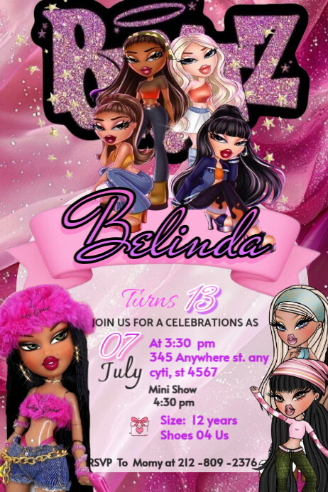 Copy of Bratz invitation Brithday party temple flayer editablet ...