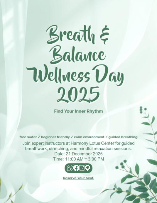 Breathwork Wellness Day Flyer Template | Mint Botanical Calm Event ...