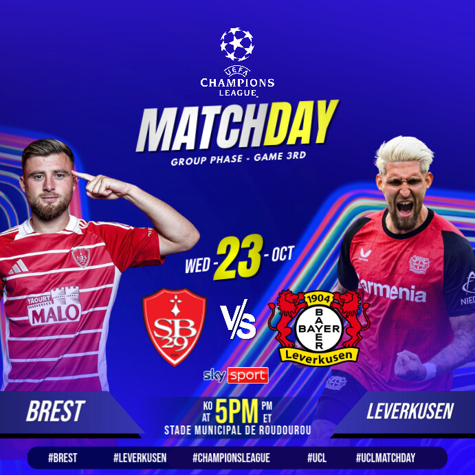 Copy of Brest vs Bayer Leverkusen UEFA Champions League | PosterMyWall