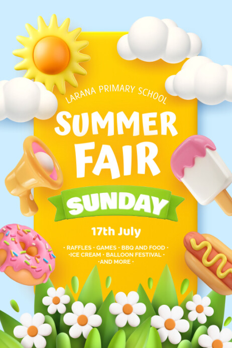 Bright Blue and Orange 3d Fun School Summer Fair Poster Template ...