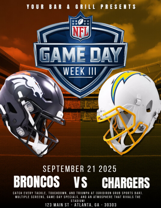 Szablon Broncos vs Chargers. nfl game day flyer. american football ...