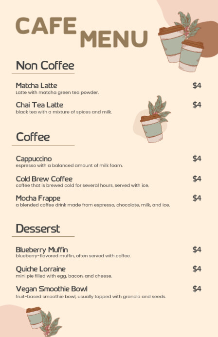 Modèle Brown Aesthetic Cafe Menu Template (Half Page Wide) | PosterMyWall