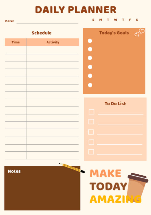 Brown Coffee Theme Daily Planner A4 Template | PosterMyWall