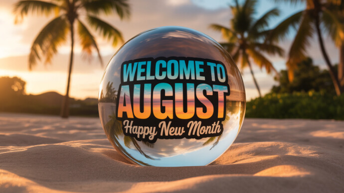 Copy of Brown Collage Welcome August Happy New Month Tropical Beach ...
