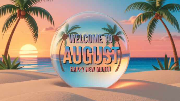 Brown Collage Welcome To August Beach Sunset Happy New Month Poster ...
