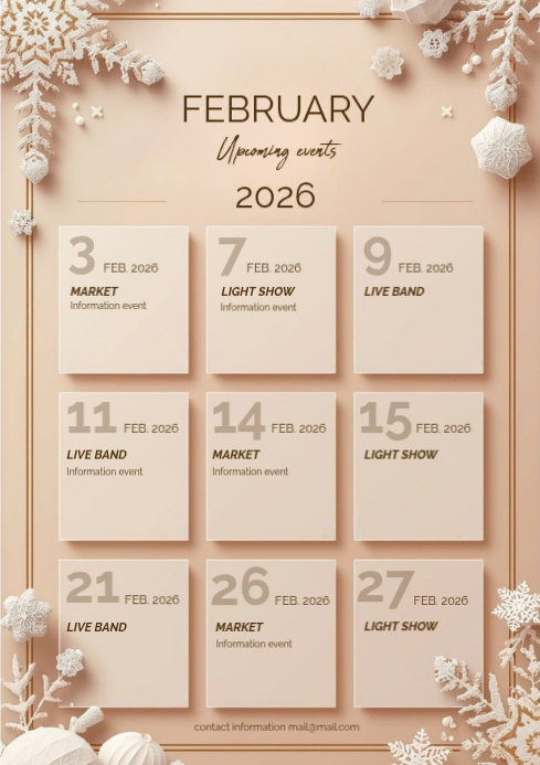 Brown February Events Calendar A4 Template | PosterMyWall