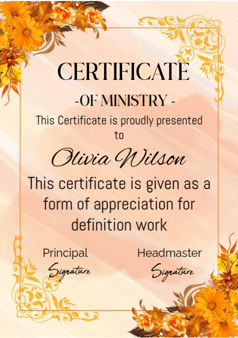 Brown Floral Certificate of Ministry A4 certificate announcement ...