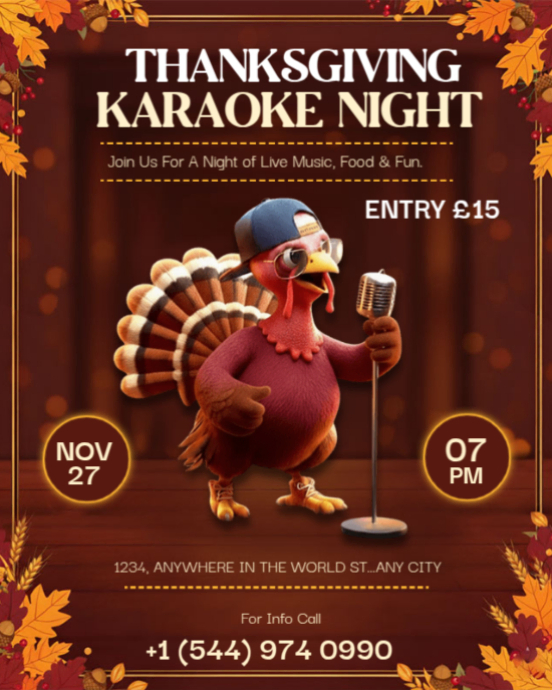 Brown Floral Fun Thanksgiving Karaoke Night Poster - Turkey Sing-along ...