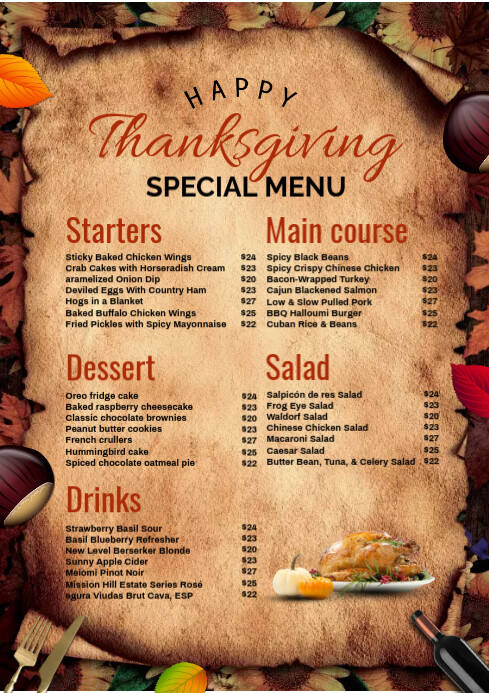 Copy of Brown Happy Thanksgiving Menu On Scroll A4 | PosterMyWall