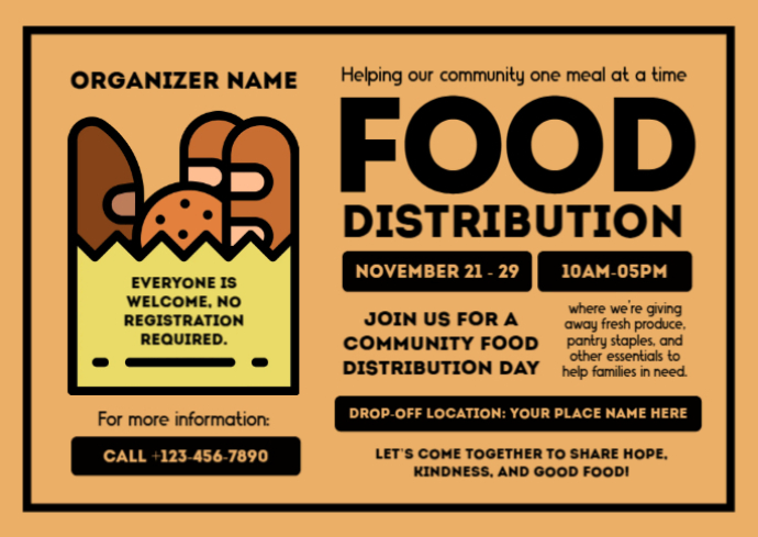 Brown Illustrative Food Distribution Postcard Template | PosterMyWall