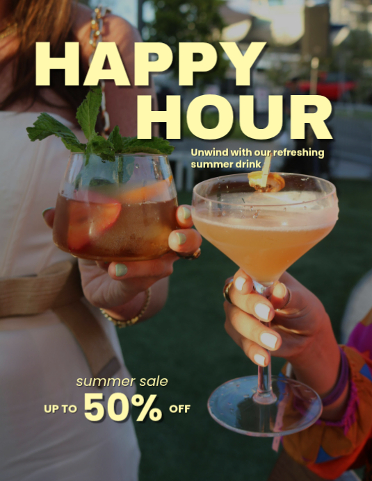 Brown Joyful Happy Hour Summer Drinks Flyer Template | PosterMyWall