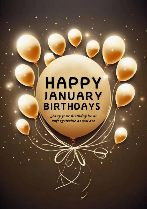 Brown Joyful Happy January Birthdays A4 Template | PosterMyWall