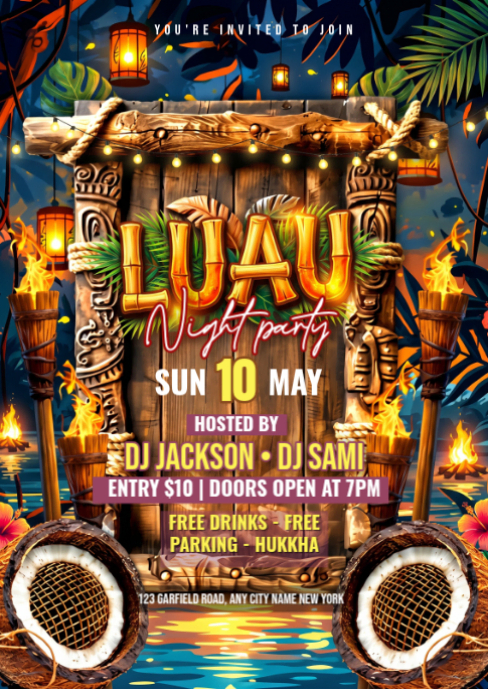 Brown Joyful Luau Night Party A6 Template | PosterMyWall