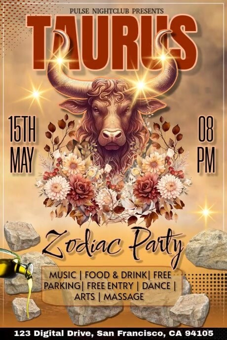 Plantilla de Brown Joyful Taurus Party Poster | PosterMyWall