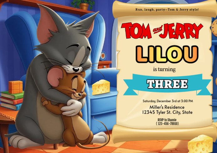 Brown Joyful Tom And Jerry Birthday Invitations A4 Template | PosterMyWall