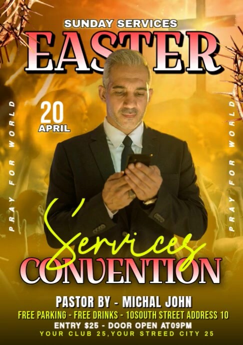 Copy of Brown Maximalist Easter Church Sunday Convention Services Flyer A4 | PosterMyWall
