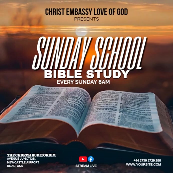 Brown Maximalist Sunday School Bible Study Video Flyer Template ...