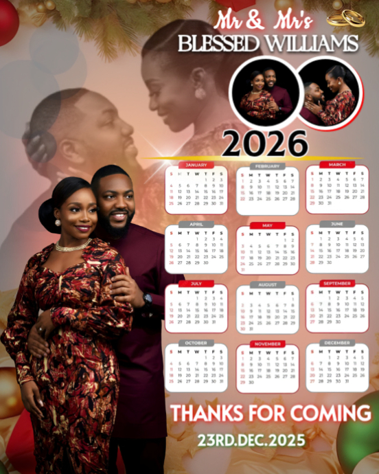 Brown Maximalist Wedding Souvenir 2026 Calendar With Couples Photo Free ...