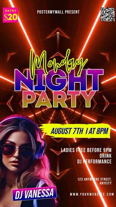 Brown Neon Monday Night Party Reel Instagram Template | PosterMyWall