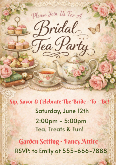 Plantilla de Brown Vintage Bridal Tea Party A4 | PosterMyWall