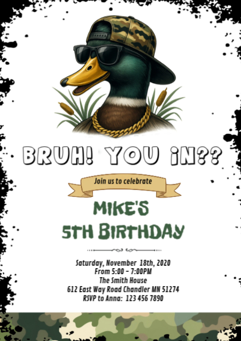 Bruh duck hunting birthday invitation Template | PosterMyWall