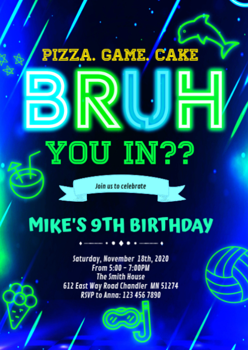 Bruh Neon glow Birthday Invitation Template | PosterMyWall